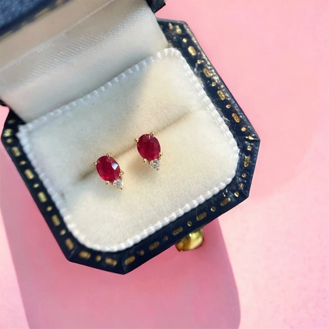 Ruby Earrings in 925 Sterling Silver, 18k Gold Plated • Tiny Stud Earrings • Minimalist Earrings ...