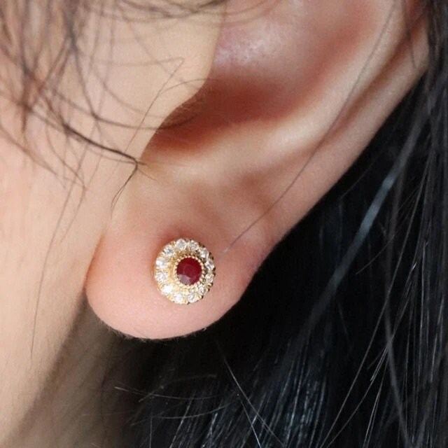 Ruby Earrings in 925 Sterling Silver, 18k Gold Plated Tiny Stud ...