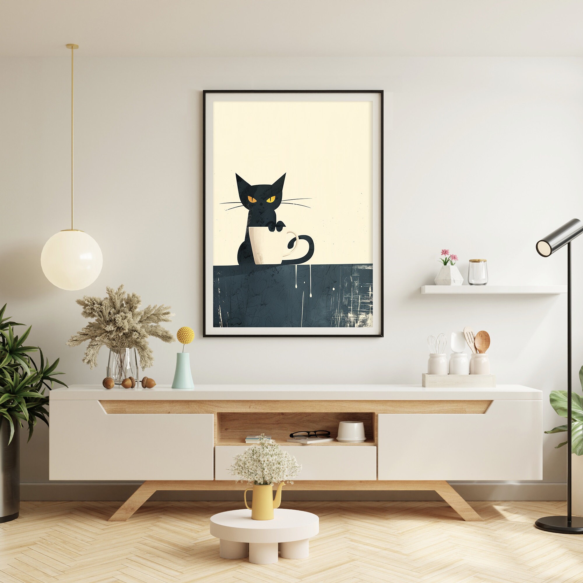 Angry Cat Coffee Wall Art - Minimalistic Painting for Coffee Lovers ...