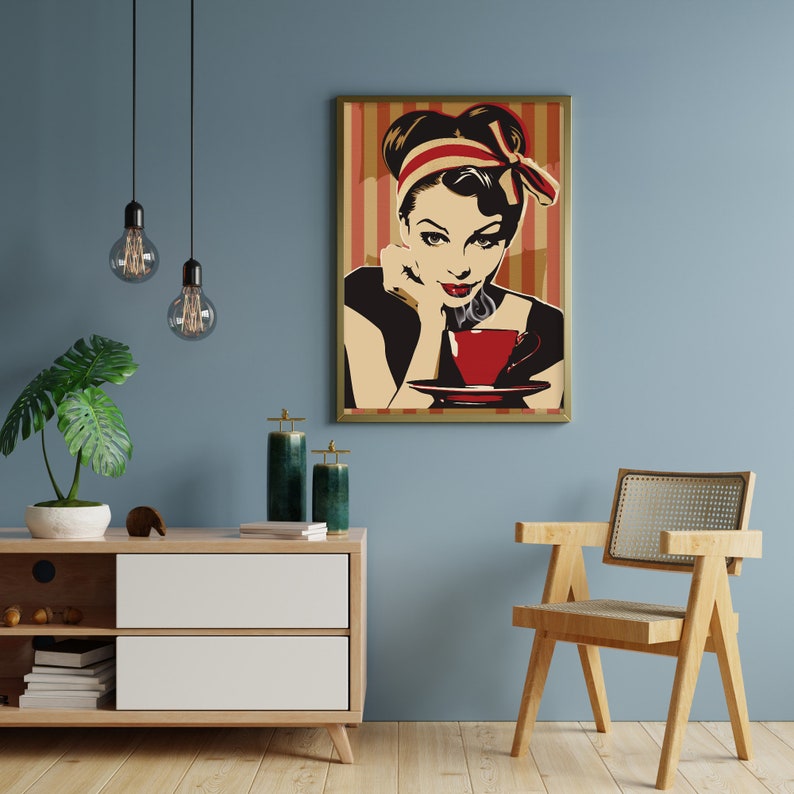 Retro Woman Coffee Wall Art 50's Style Poster for Vintage Design Lovers ...