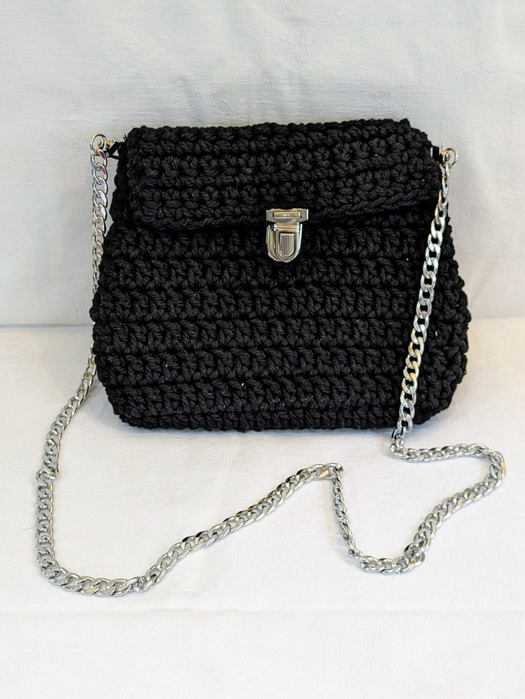 Black Cotton Crochet Bag With Long Chain Strap - Etsy