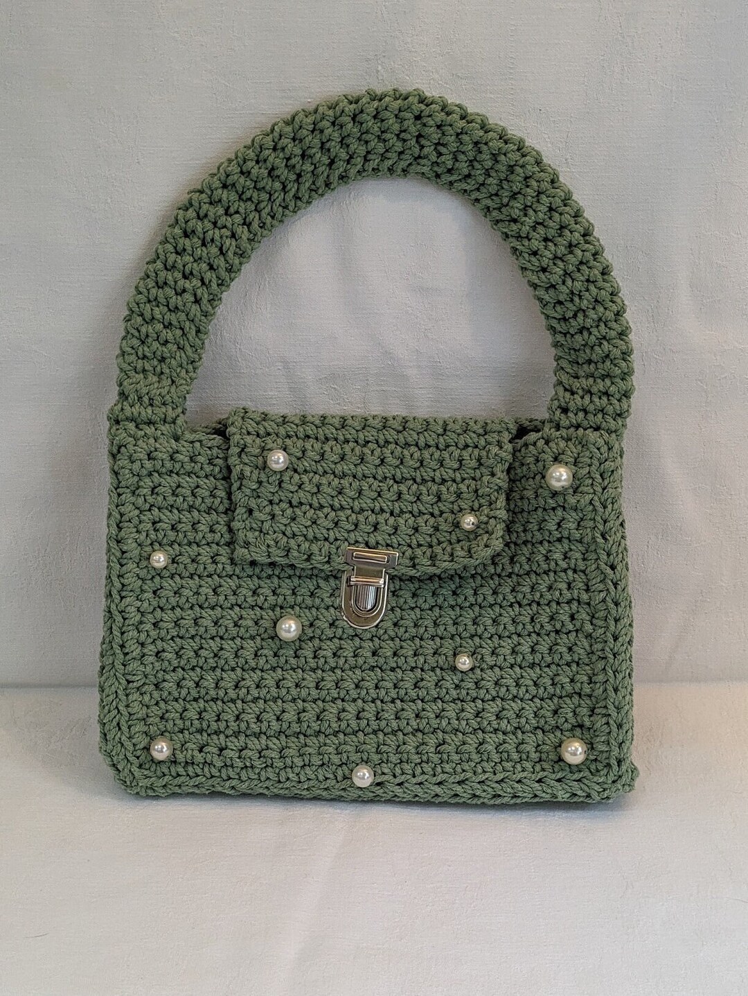 Sage Green Crochet Mini Handbag With Silver Clasp and Pearl Beads - Etsy
