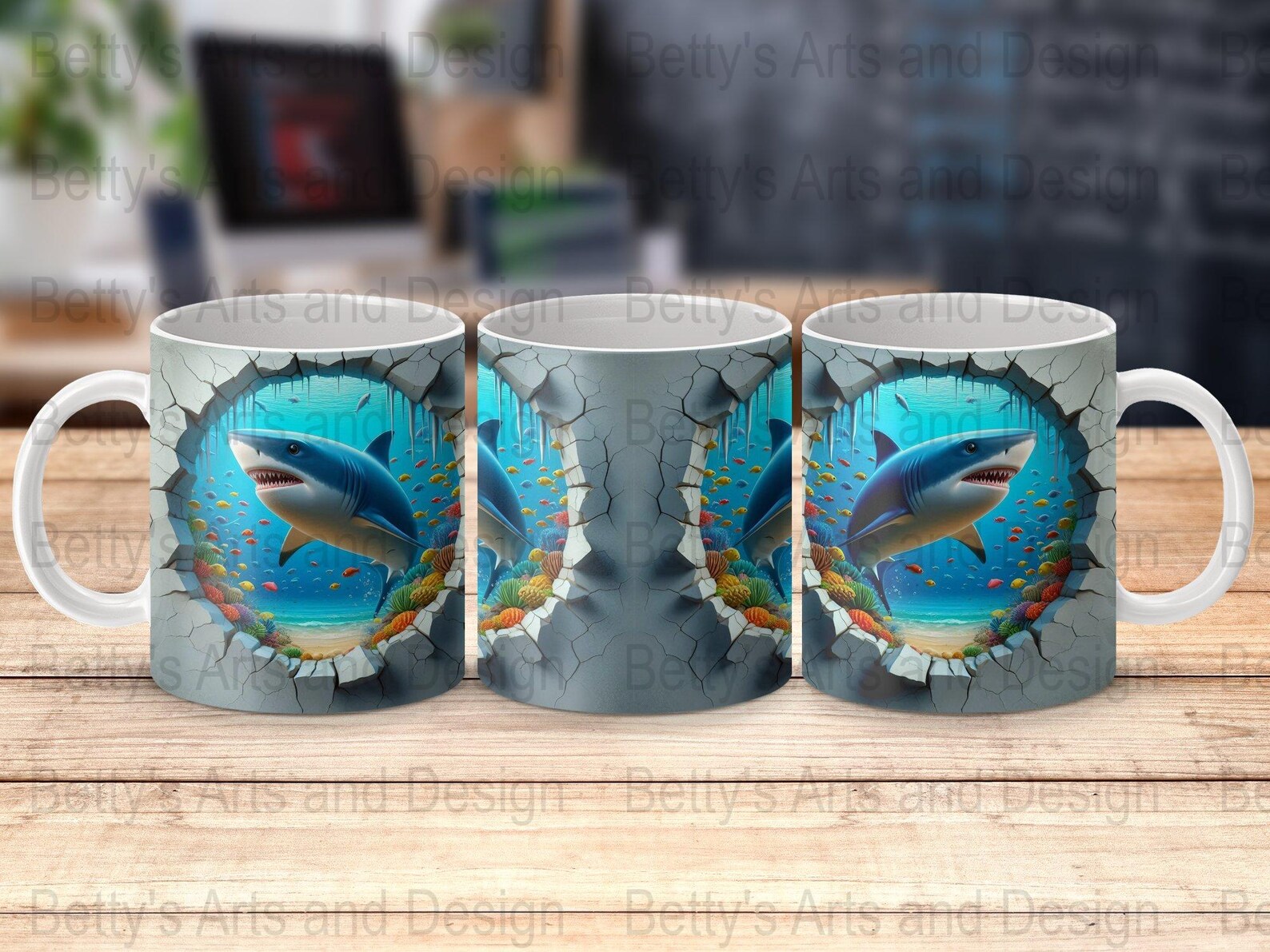 3D Shark Ocean Digital Mug Wrap, Underwater Shark Mug Design, 11oz and ...