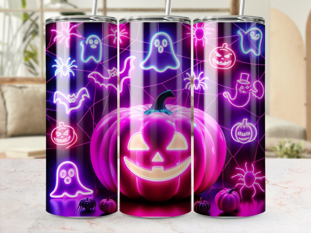Neon Halloween Pumpkin Digital PNG, Spooky Ghosts and Bats Tumbler Wrap ...