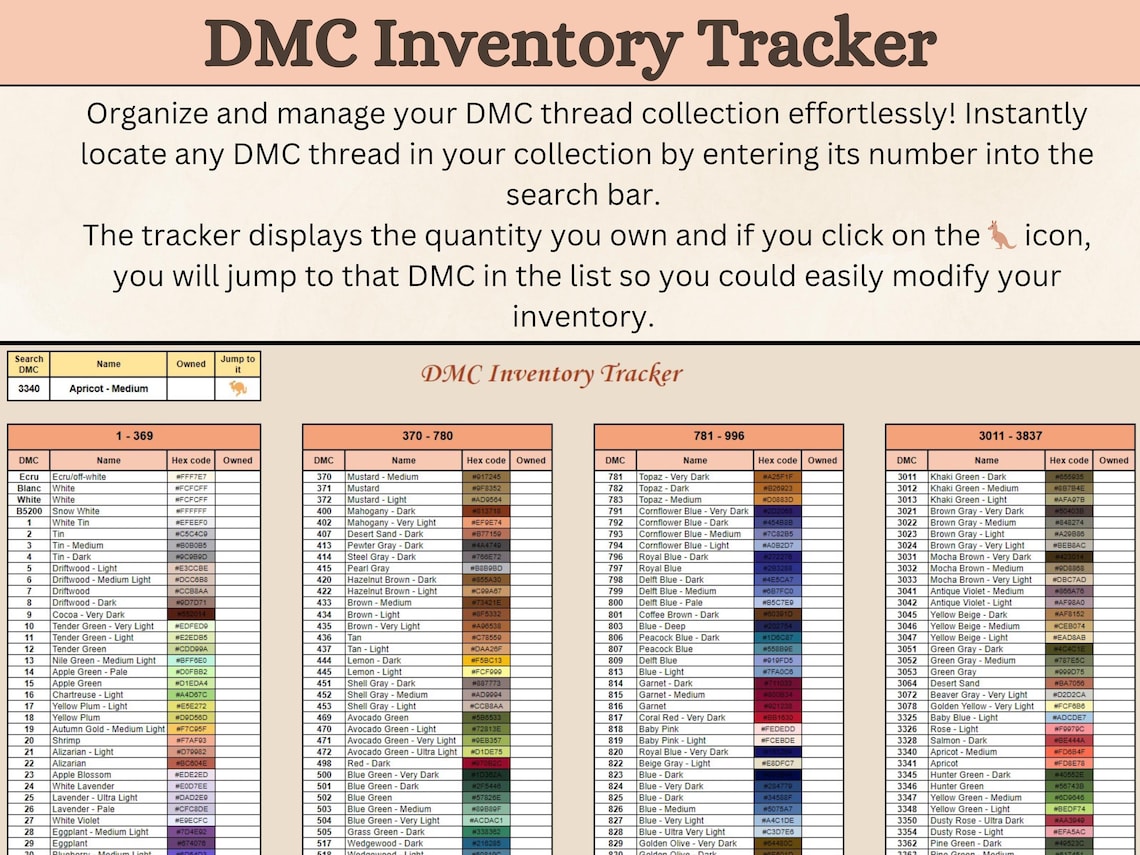DMC Thread Color Chart Google Sheets, Excel DMC Inventory Tracker ...