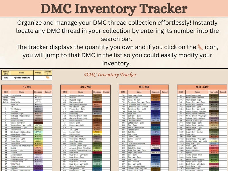 DMC Thread Color Chart Google Sheets, Excel DMC Inventory Tracker ...
