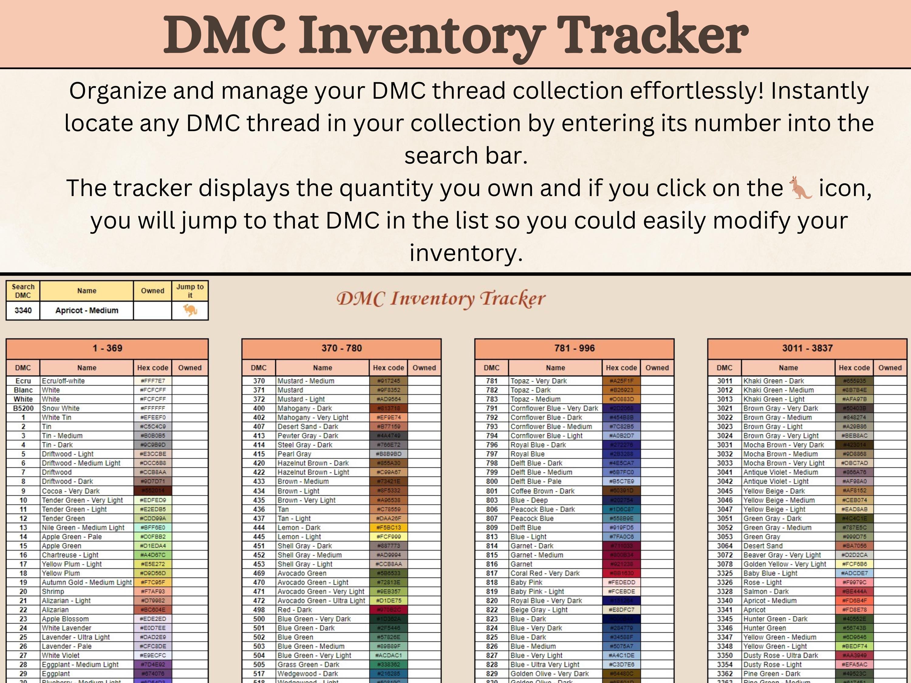 DMC Thread Color Chart Google Sheets, Excel DMC Inventory Tracker ...