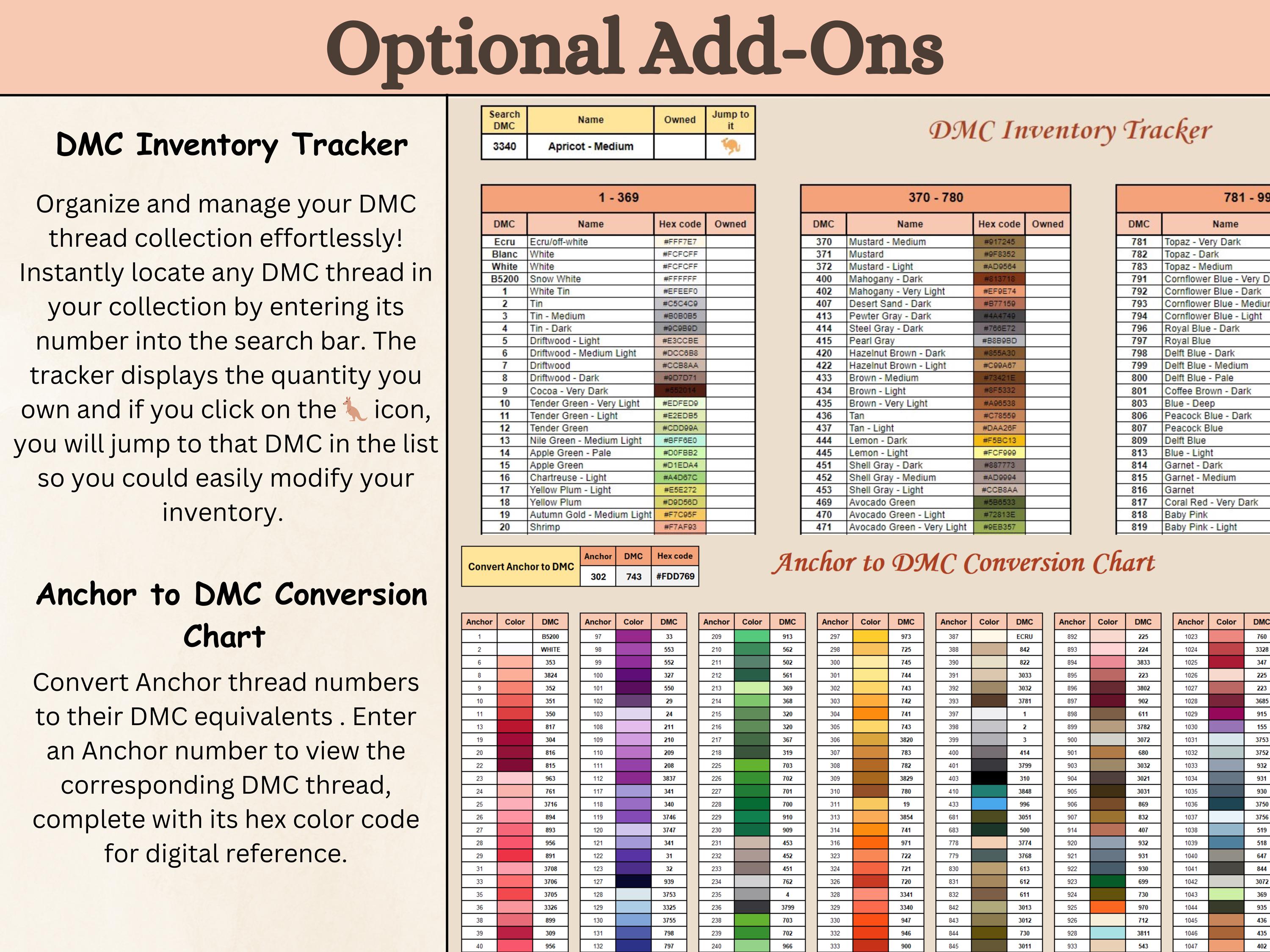 Google Sheets Cross Stitch Planner Spreadsheet With DMC Anchor ...