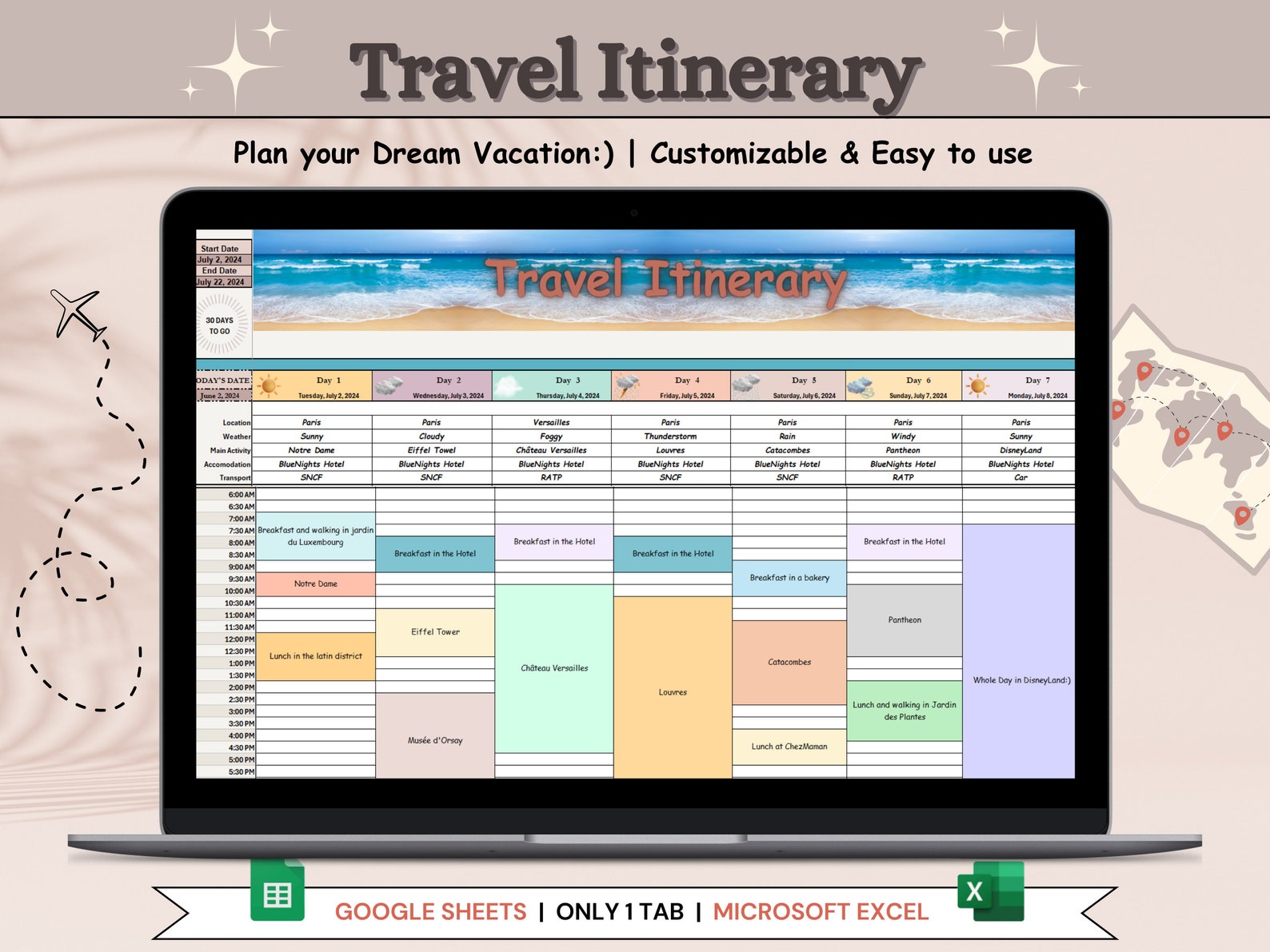 Editable Travel Itinerary Template: Google Sheets & Excel (digital) - Etsy