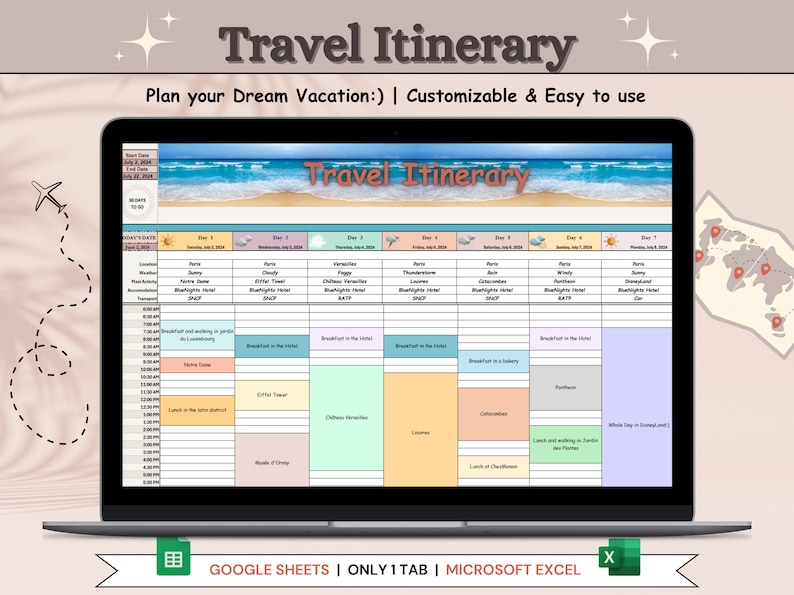 Editable Travel Itinerary Template: Google Sheets & Excel (digital) - Etsy