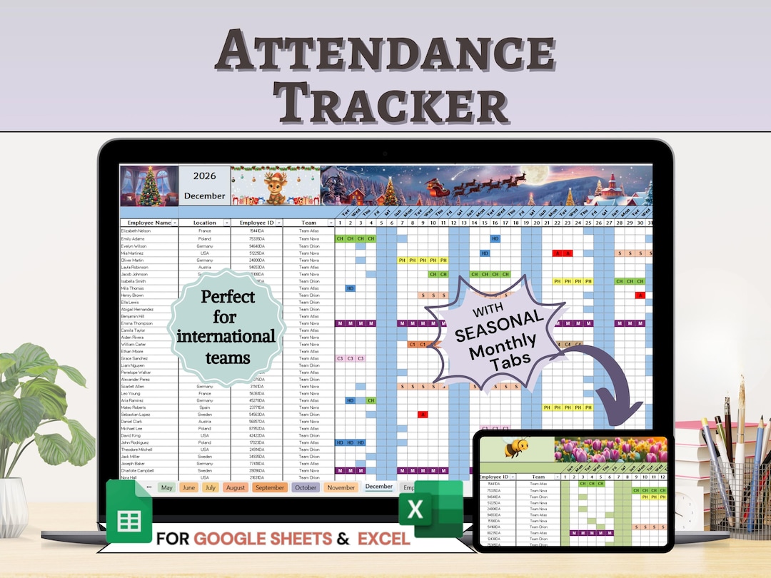 Attendance Tracker Excel & Google Sheets, Employee Scheduler, Absence ...