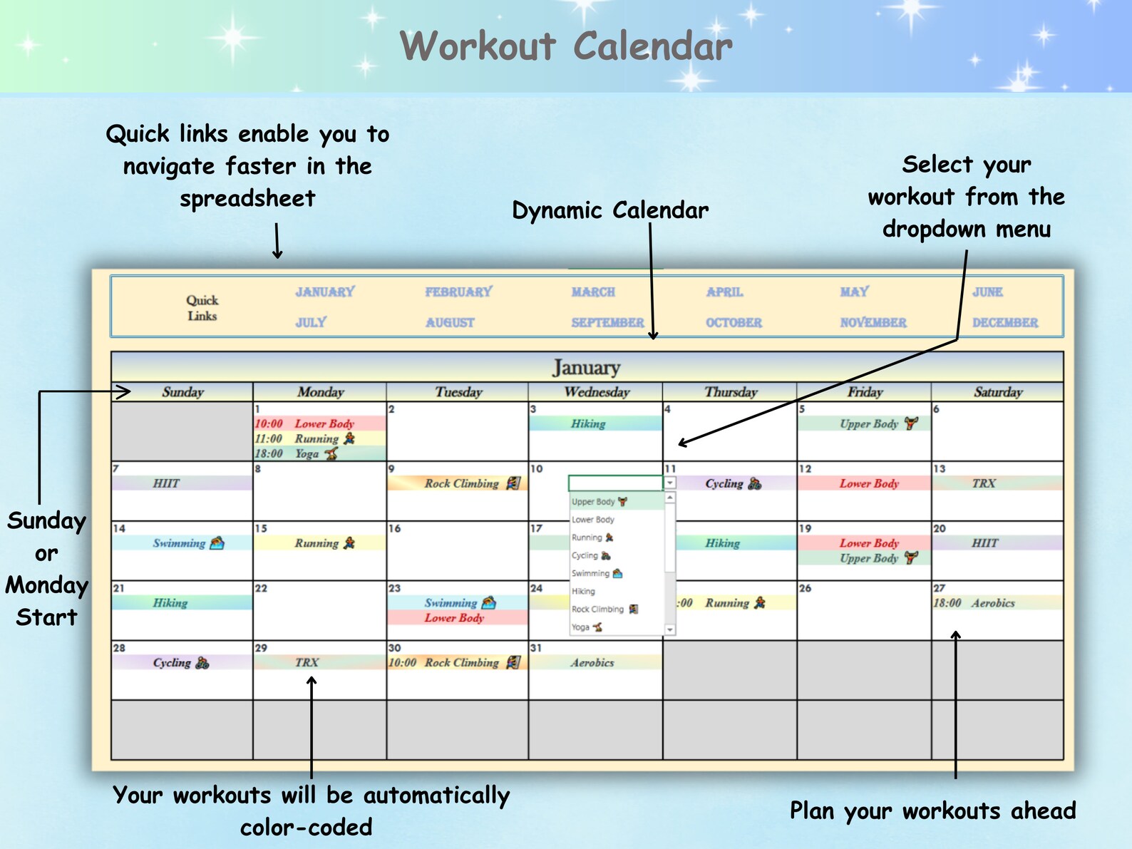 Annual Workout Calendar Google Sheets Fitness Planner Excel Workout ...