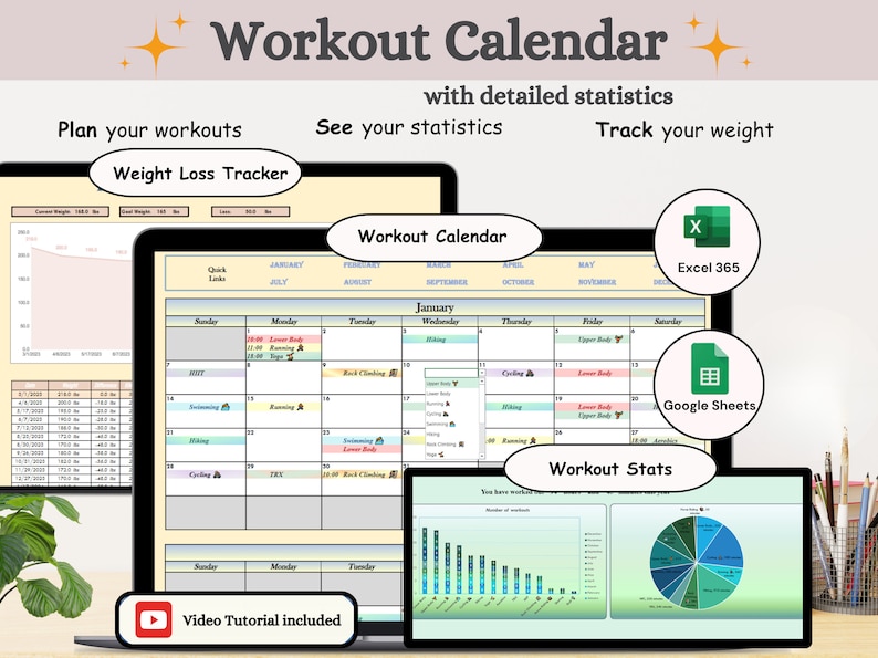 Annual Workout Calendar Google Sheets Fitness Planner Excel Workout ...
