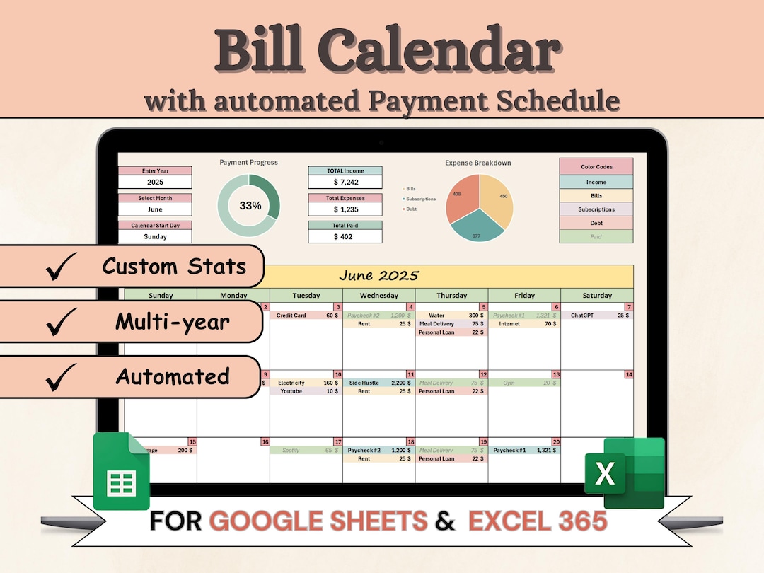 Automated Bill Tracker: Excel 365 & Google Sheets Calendar /track Your ...