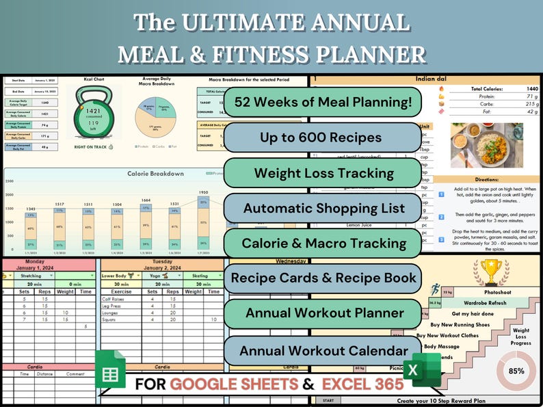 Fitness & Meal Planner Spreadsheet, Yearly Workout Log, Calorie and ...