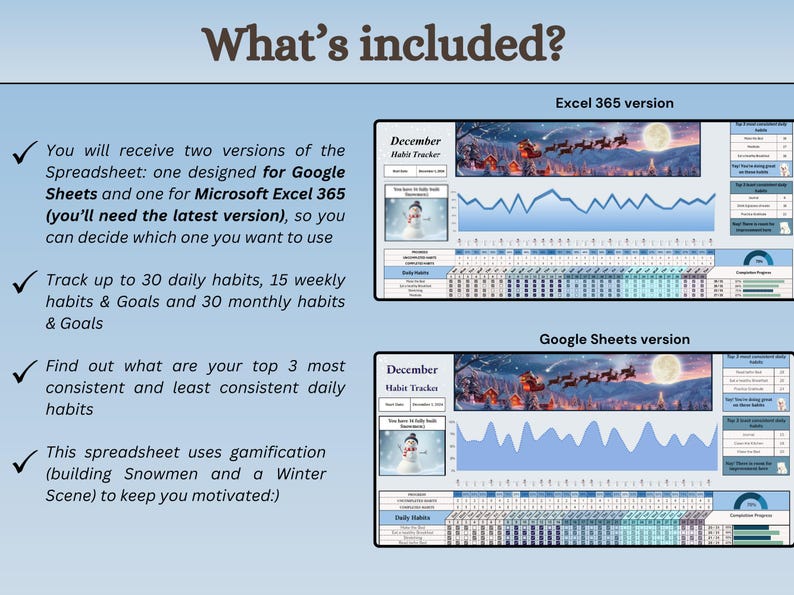 Winter Inspired Monthly Habit Tracker for Google Sheets & Excel 365 - Etsy