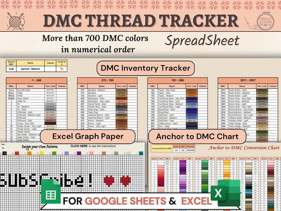 DMC Thread Color Chart Google Sheets, Excel DMC Inventory Tracker ...