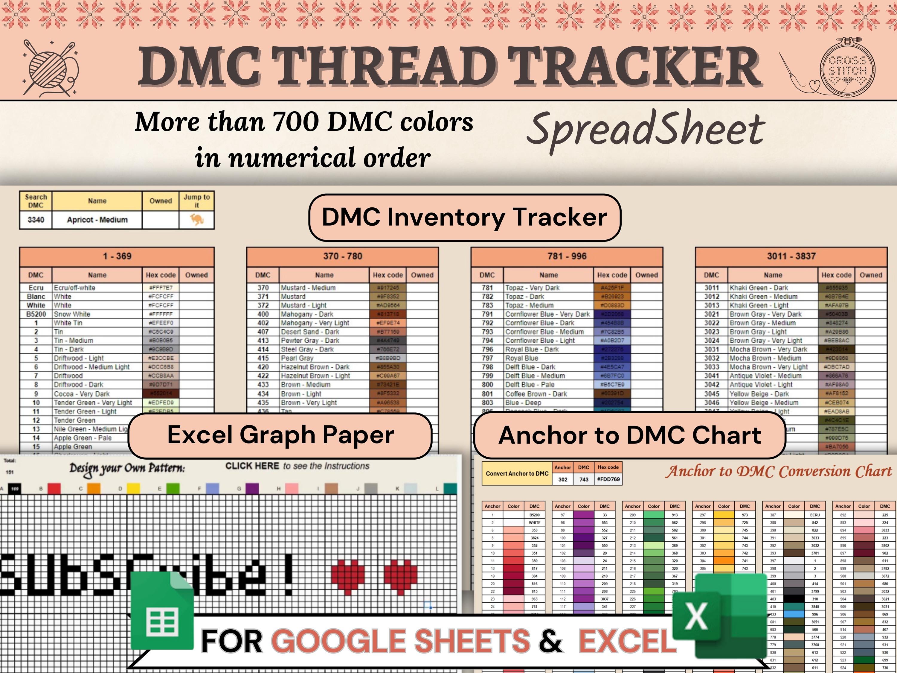 DMC Thread Color Chart Google Sheets, Excel DMC Inventory Tracker ...