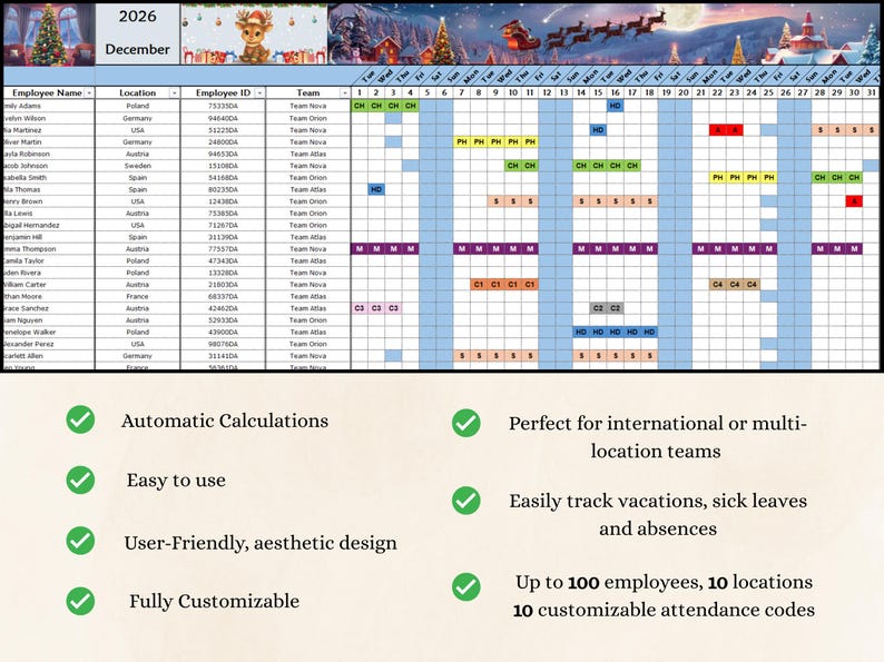 Attendance Tracker Excel & Google Sheets, Employee Scheduler, Absence ...
