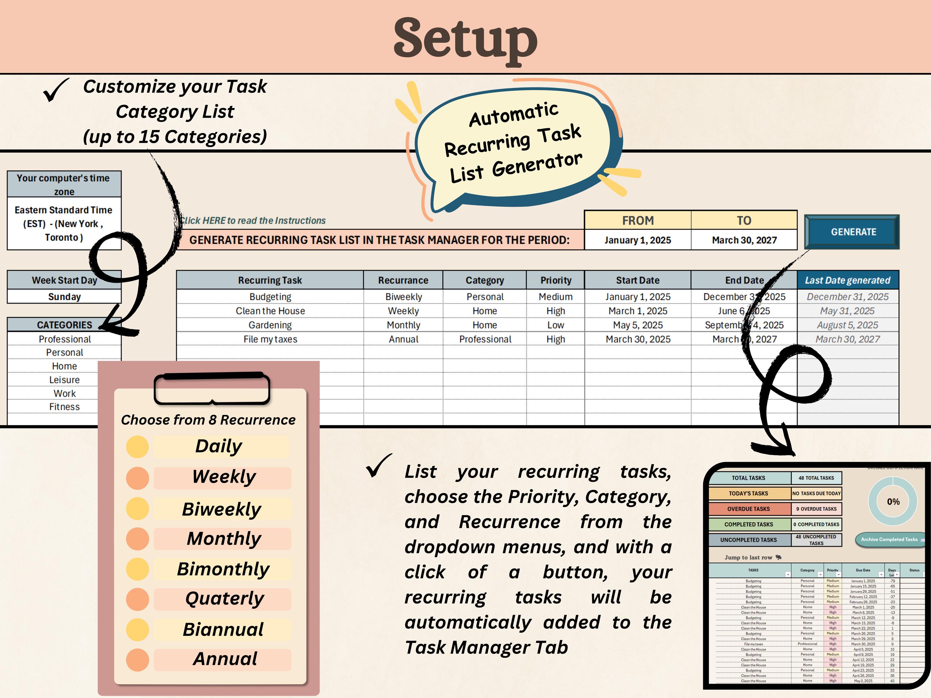 Recurring Task Tracker Excel 365 Spreadsheet, Weekly to Do List Google ...
