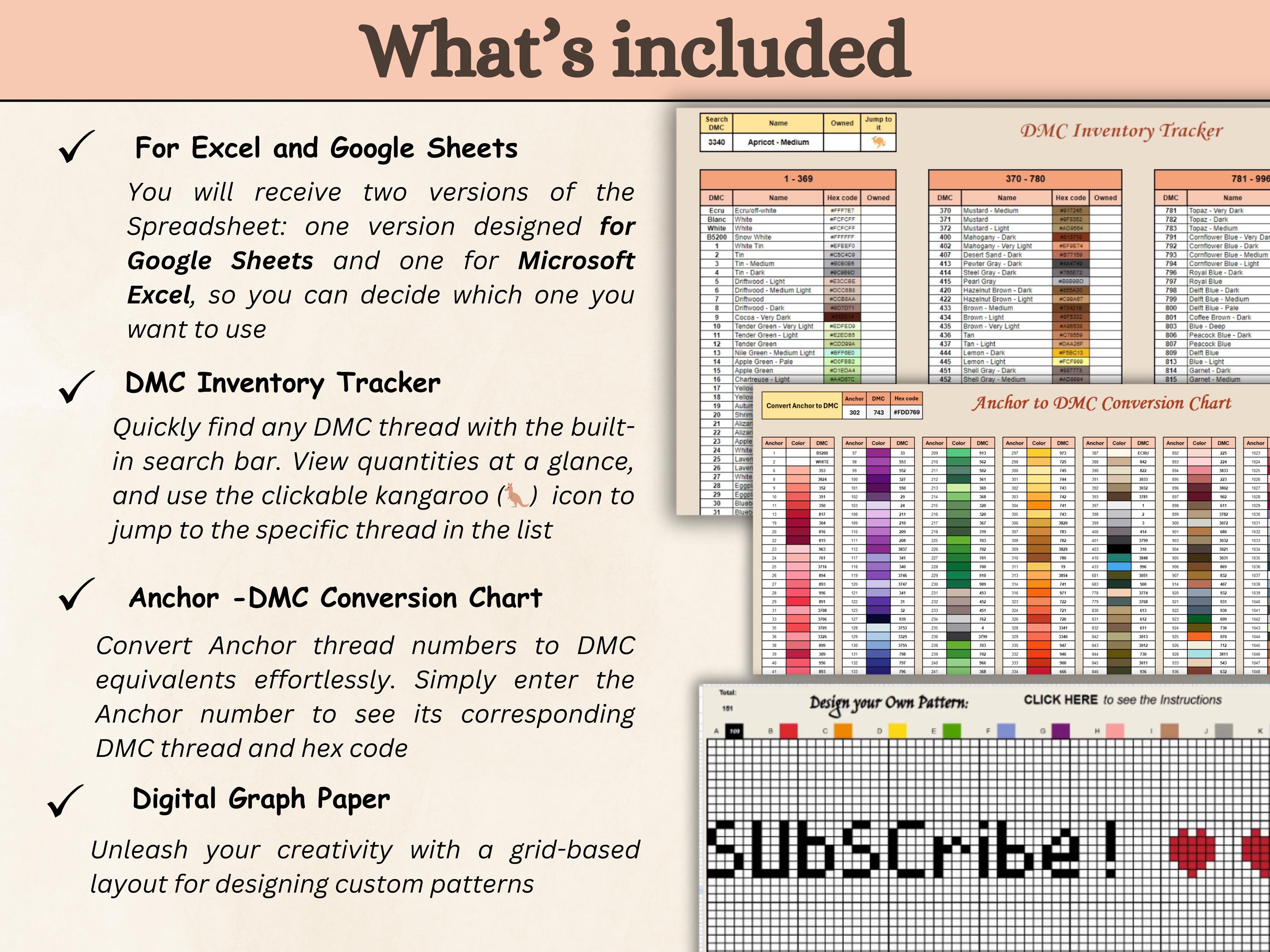 DMC Thread Color Chart Google Sheets, Excel DMC Inventory Tracker ...