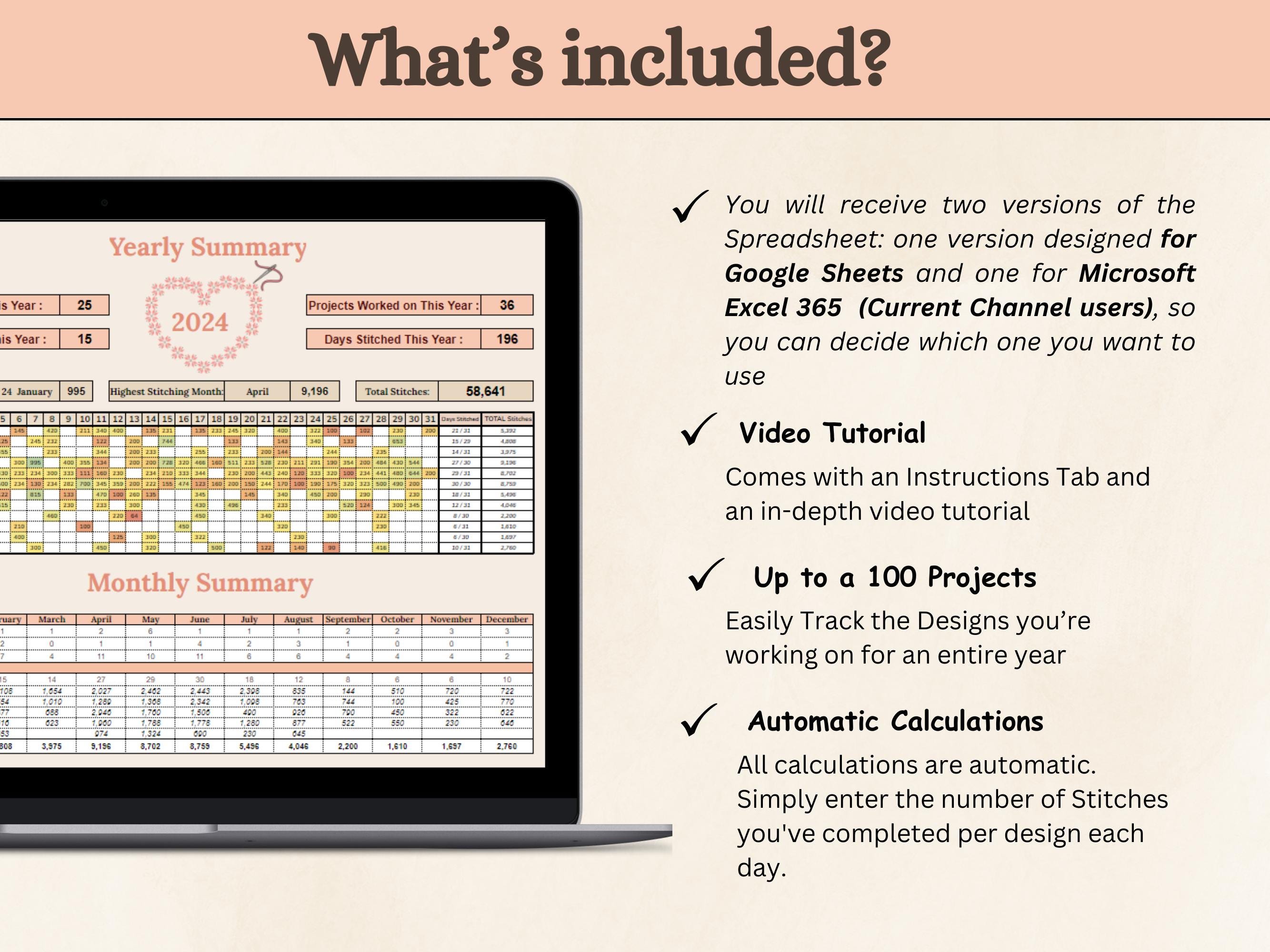 Cross Stitch Planner Spreadsheet Google Sheets, Excel Anchor DMC Thread ...