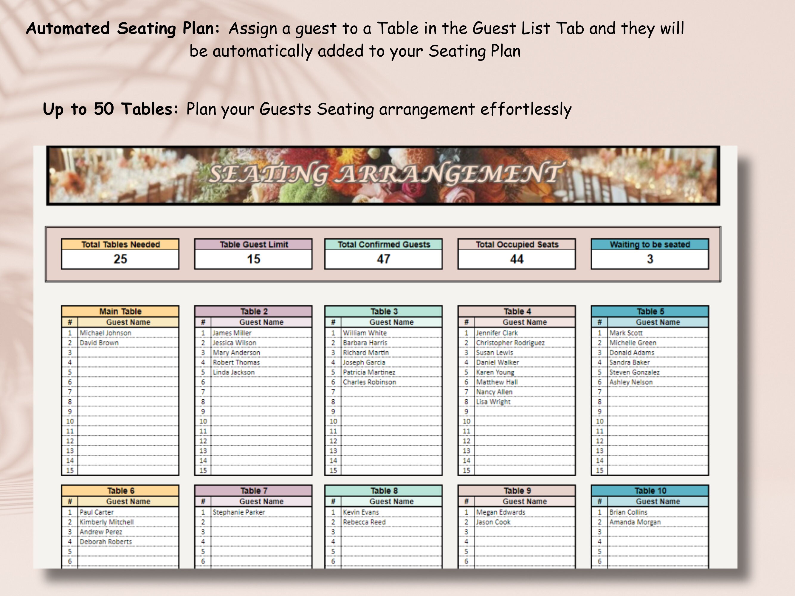 Wedding Guest List Template With Automated Seating Chart (google Sheets ...