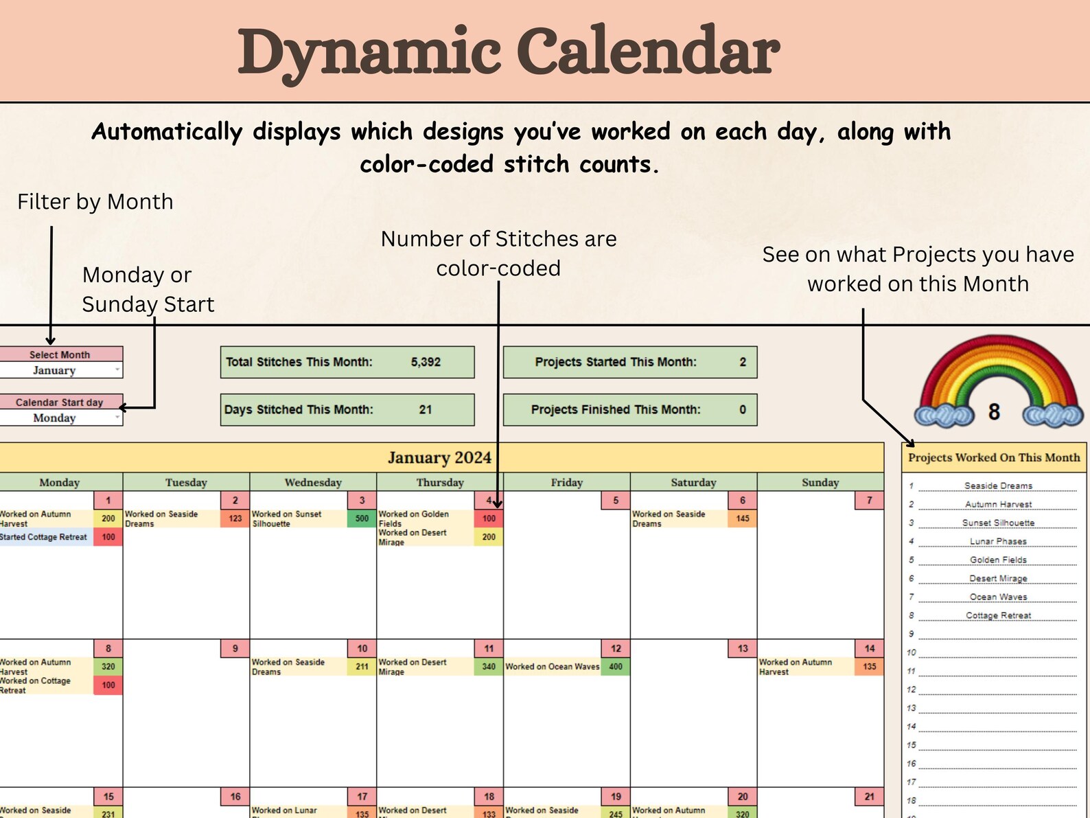 Google Sheets Cross Stitch Planner Spreadsheet With DMC Anchor ...