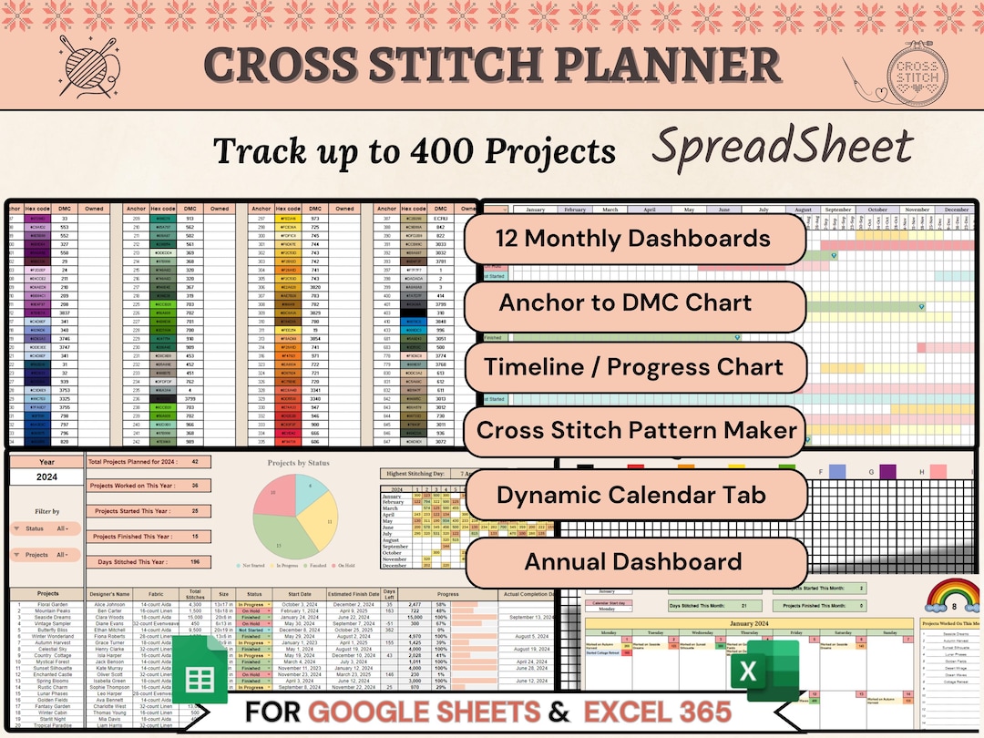 Google Sheets Cross Stitch Planner Spreadsheet With DMC Anchor ...