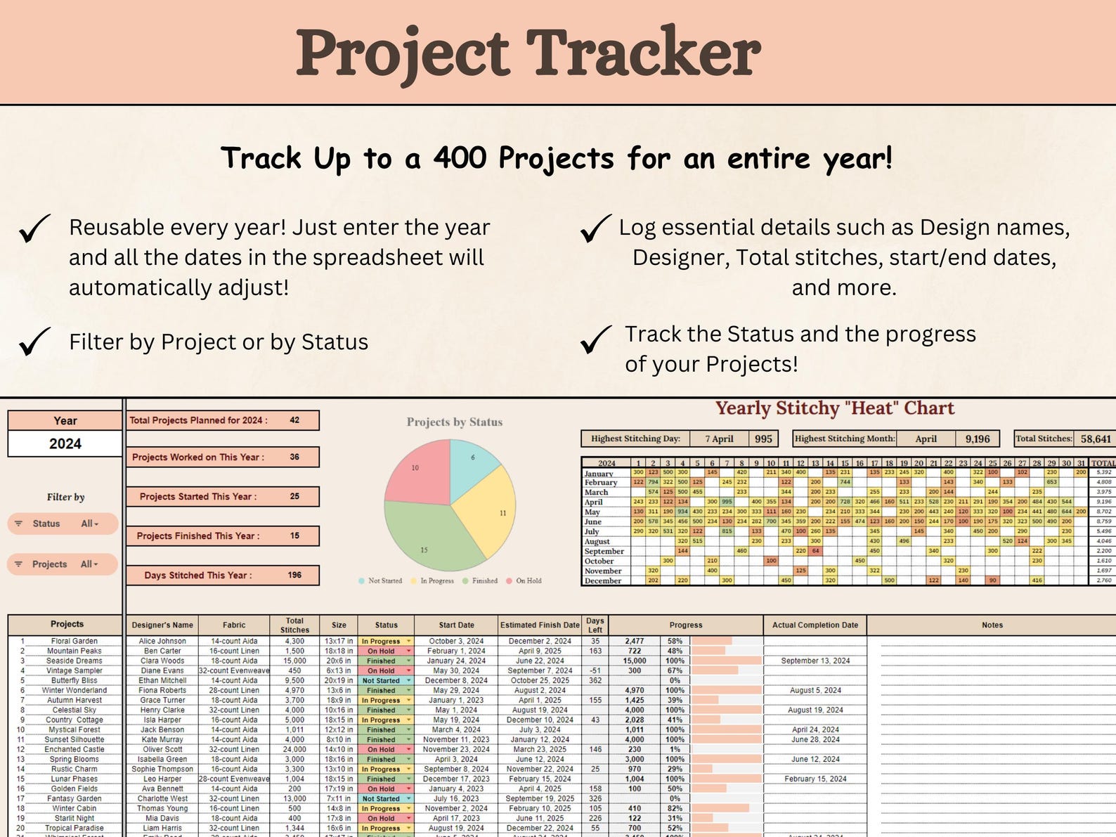 Google Sheets Cross Stitch Planner Spreadsheet With DMC Anchor ...