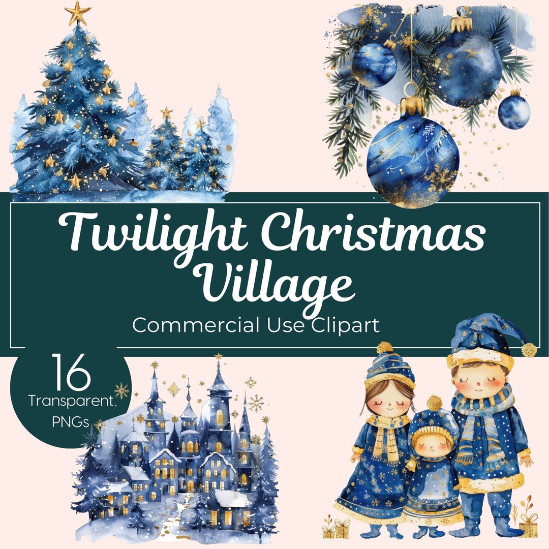 Twilight Christmas Village Clipart Set Blue and Gold Winter Wonderland ...