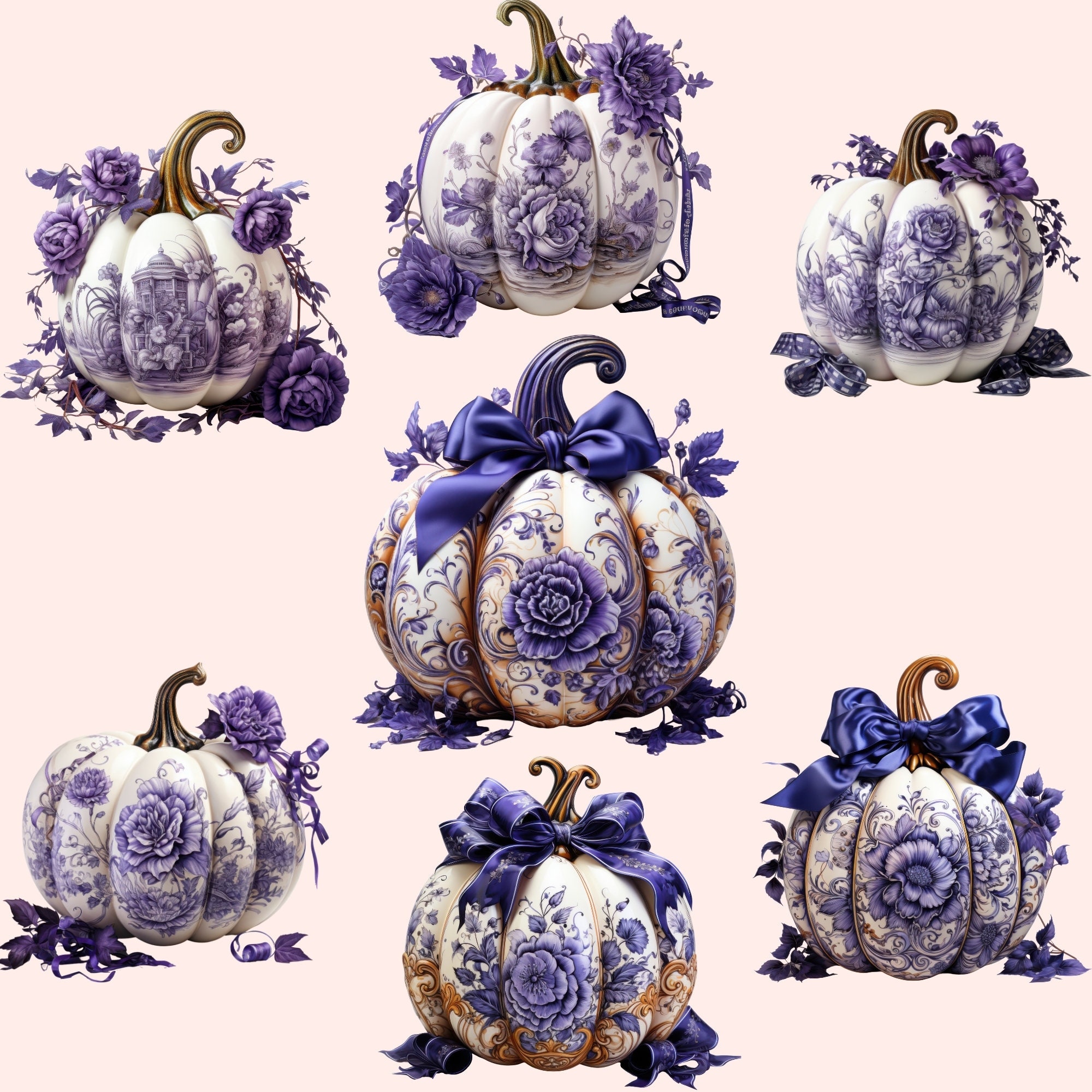 Elegant Purple Toile Pumpkins Clipart Floral Pumpkin Images Fall ...