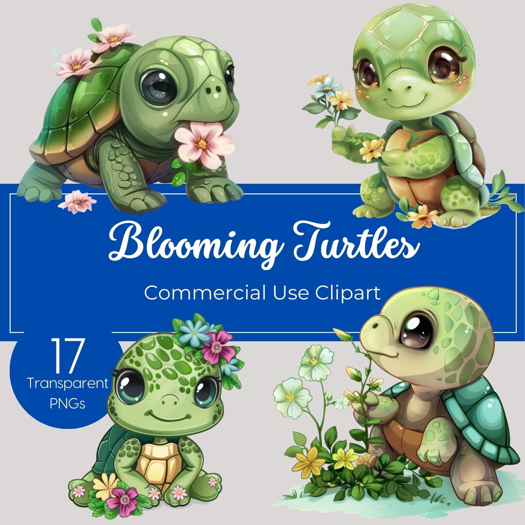 Baby Turtles With Flowers Clipart, Kawaii Turtles Illustrations, Cute ...