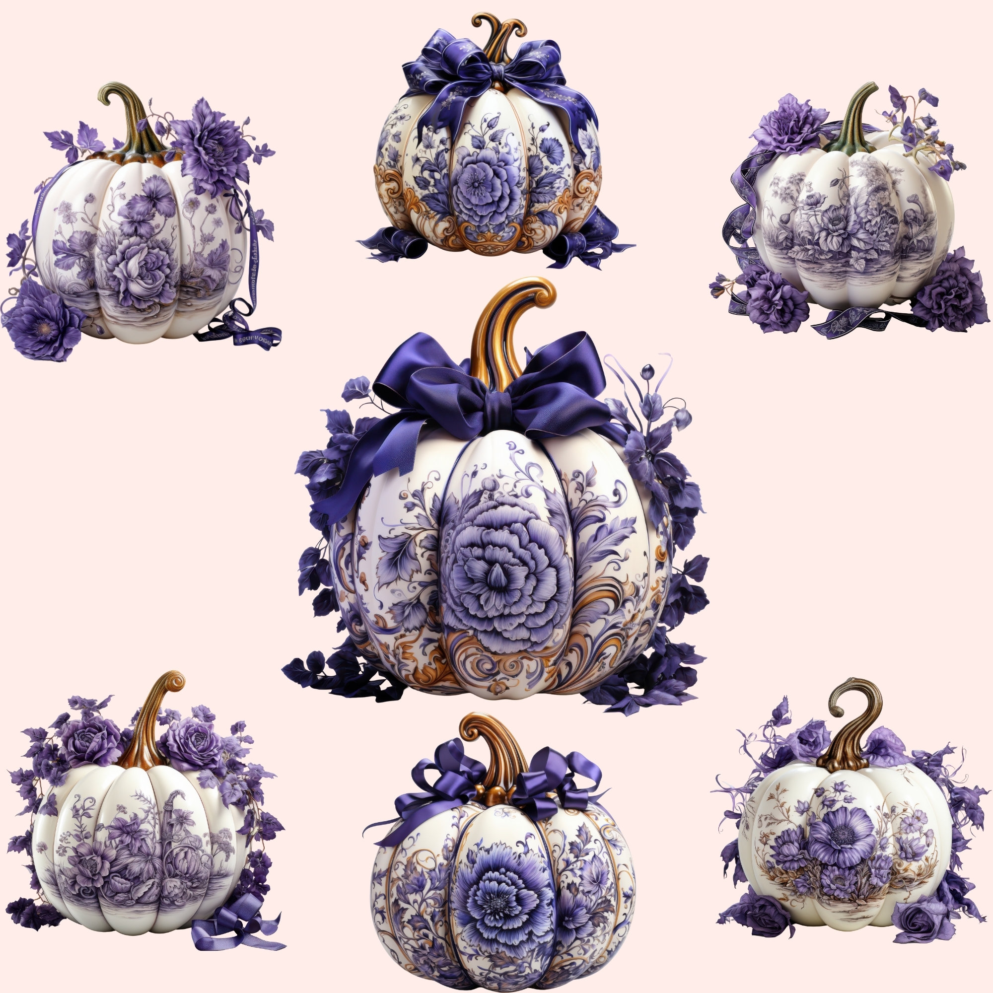 Elegant Purple Toile Pumpkins Clipart Floral Pumpkin Images Fall ...