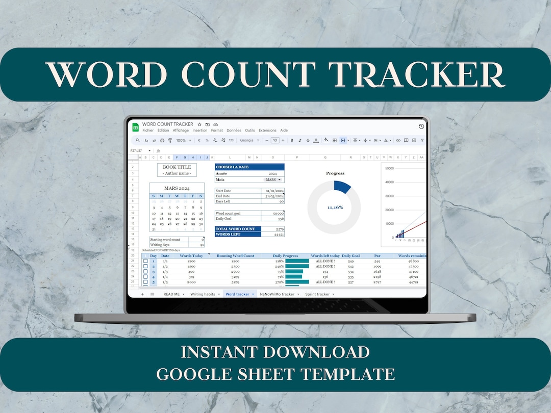 WORD COUNT TRACKER Spreadsheet for Writers Novel Word Count Spreadsheet ...