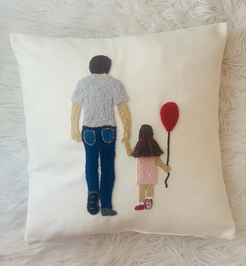 Father & Daughter Punch Needle Pillow – Handmade 18x18 Inch Embroidered ...