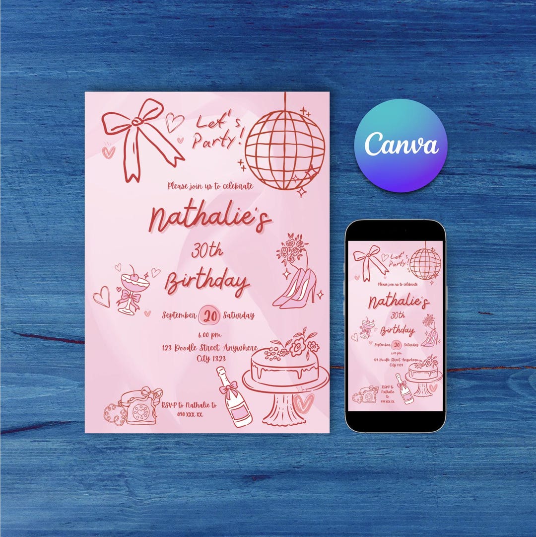 Pink Doodle Birthday Invitation | Hand-drawn Dinner Party Invite ...
