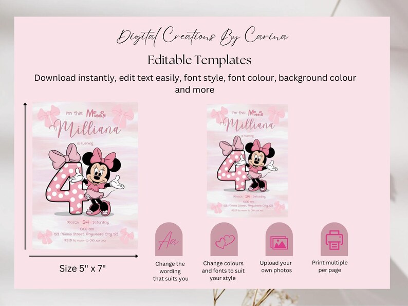 Editable Minnie Mouse 4th Birthday Invitation | Pink Minnie Mouse 4th ...