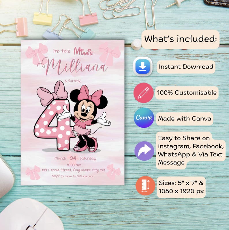 Editable Minnie Mouse 4th Birthday Invitation | Pink Minnie Mouse 4th ...