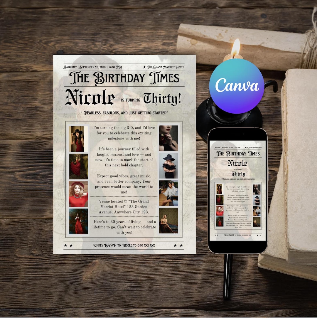 Editable Newspaper Birthday Invitation | Canva Birthday Party Invite ...