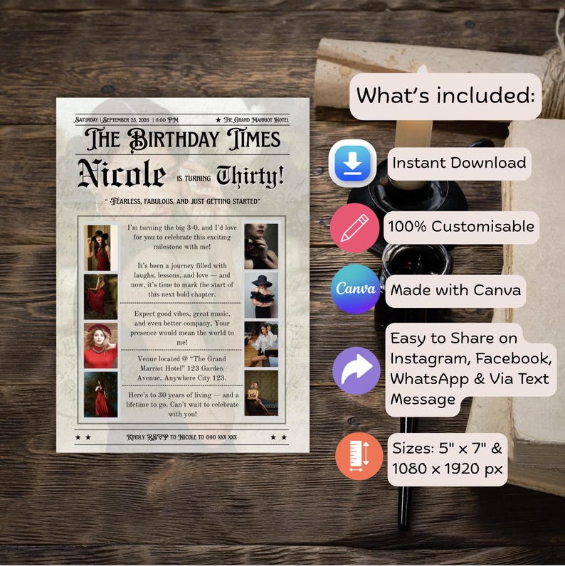 Editable Newspaper Birthday Invitation | Canva Birthday Party Invite ...