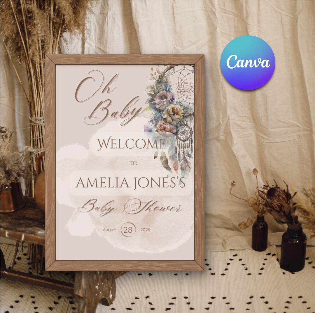 Editable Bohemian Baby Shower Welcome Sign Floral Dreamcatcher Welcome ...