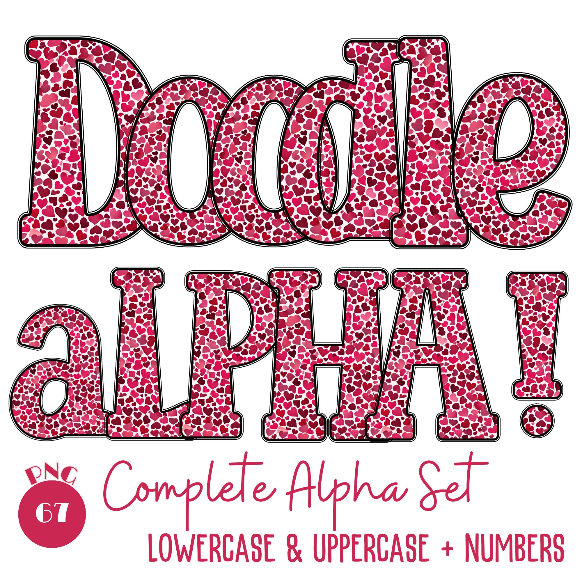 Pink Heart Alpha Doodle Bundle 67 PNG Valentine Doodle Alphabets and ...