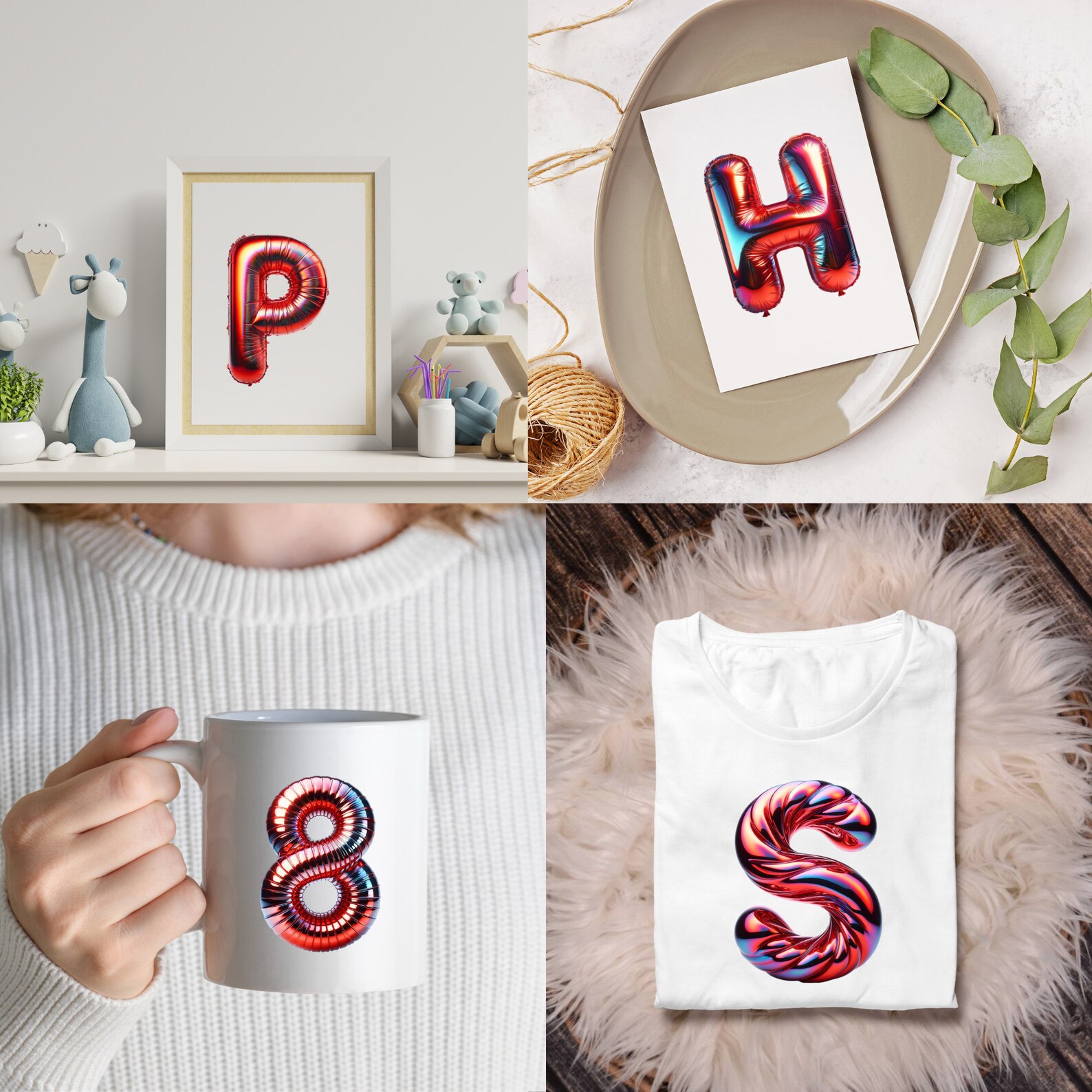 Holographic Red Foil Balloon Alphabets and Numbers Clipart 36 PNG Red ...