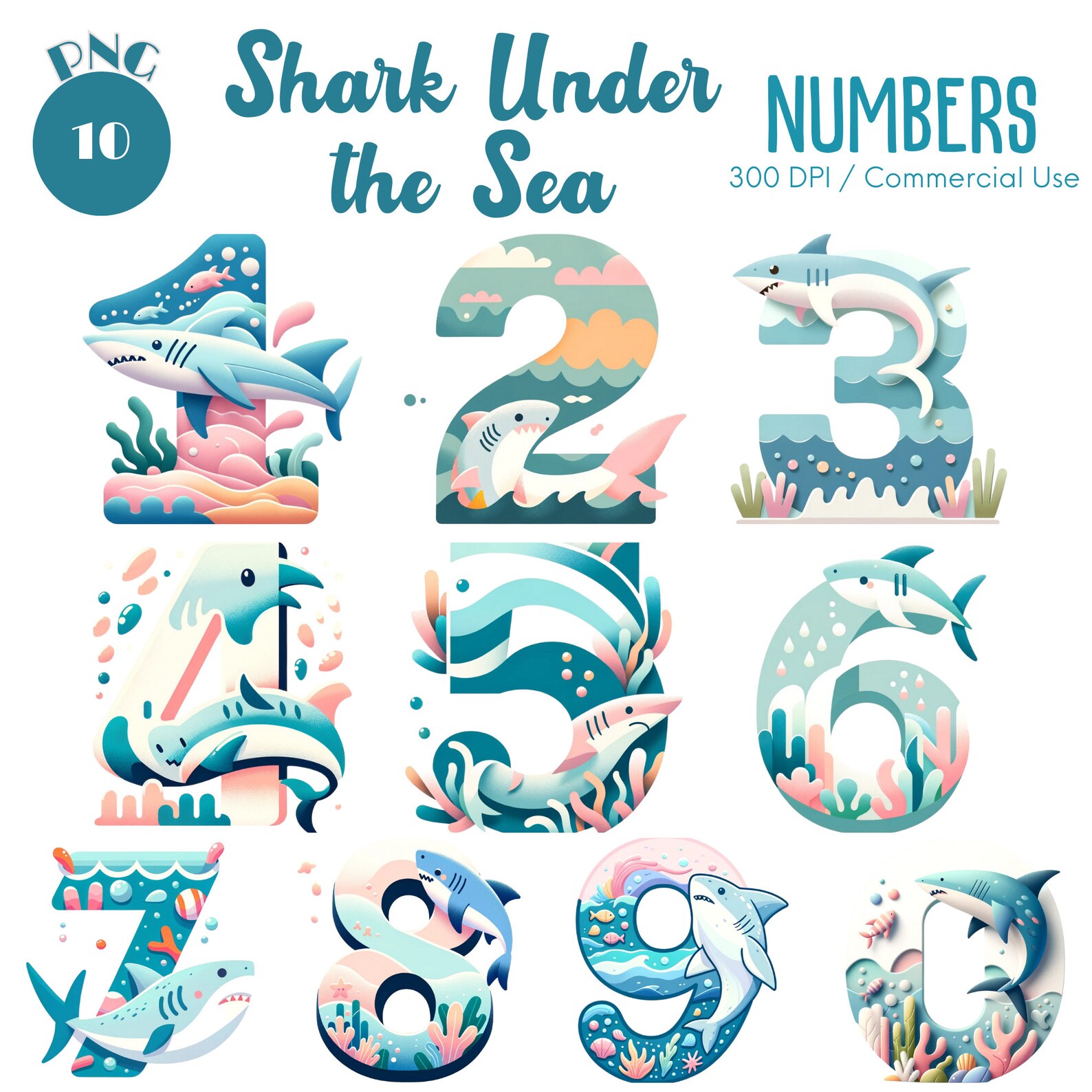 Shark Numbers Clipart 10 PNG Shark Numbers Birthday PNG Under the Sea ...