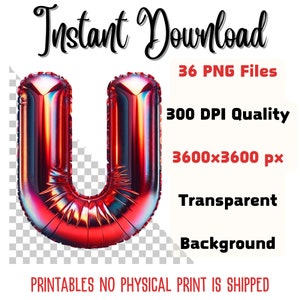 Holographic Red Foil Balloon Alphabets and Numbers Clipart 36 PNG Red ...