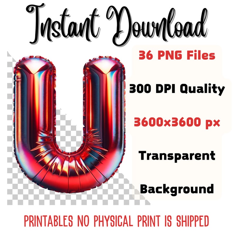 Holographic Red Foil Balloon Alphabets and Numbers Clipart 36 PNG Red ...