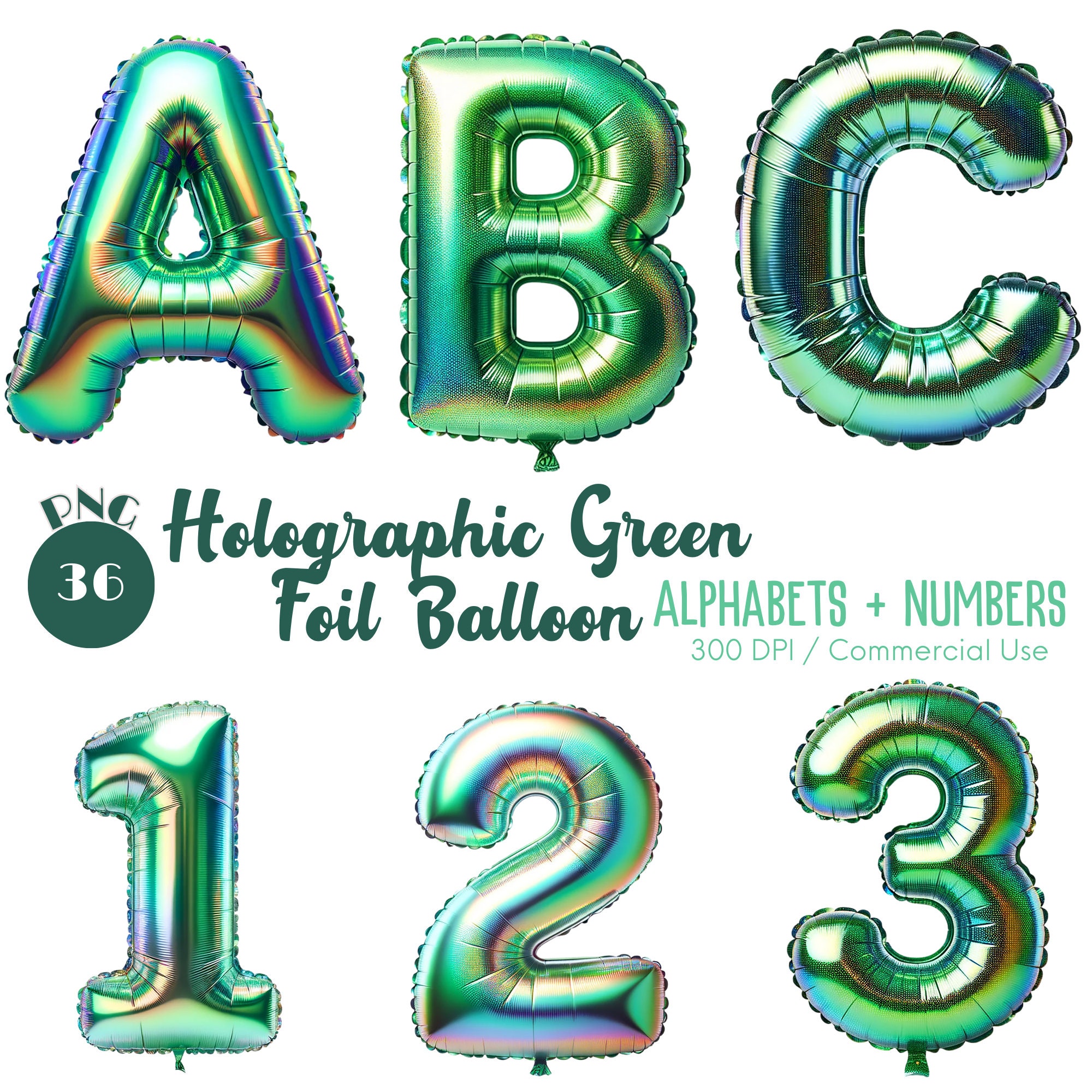 Holographic Green Foil Balloon Alphabets and Number Clipart 36 PNG ...
