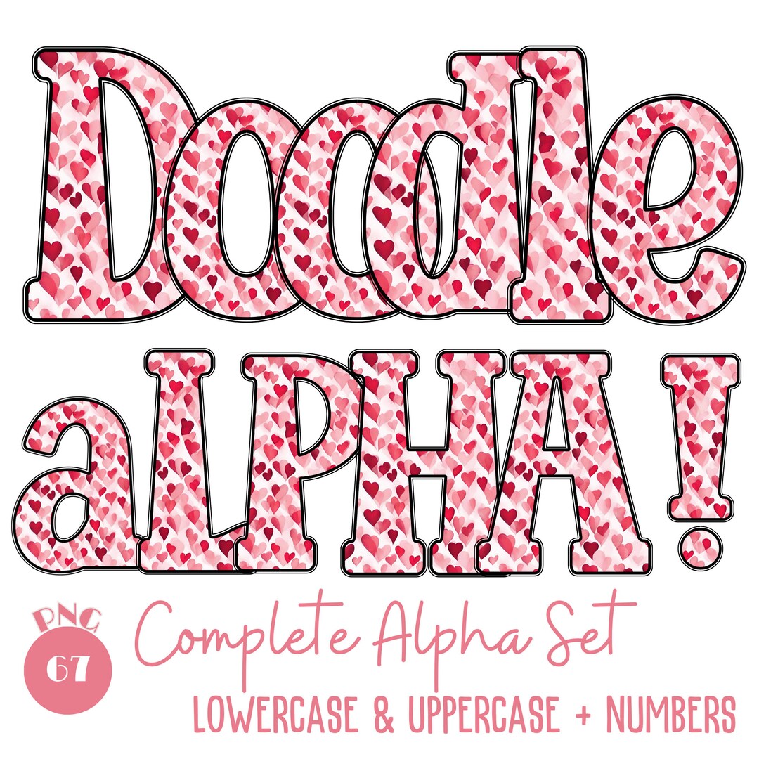 Pink Heart Alpha Doodle Bundle 67 PNG Valentine Doodle Alphabets and ...