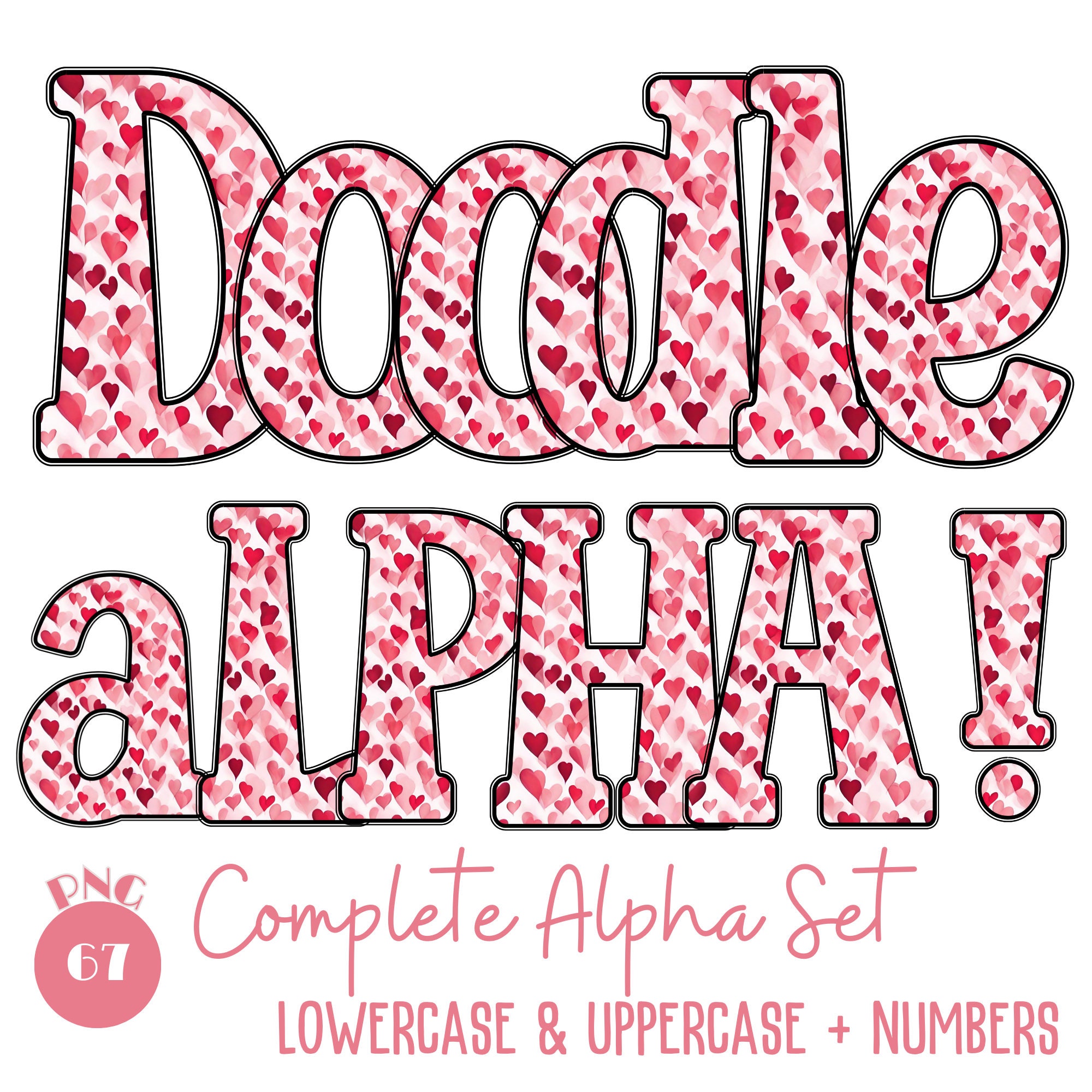 Pink Heart Alpha Doodle Bundle 67 PNG Valentine Doodle Alphabets and ...